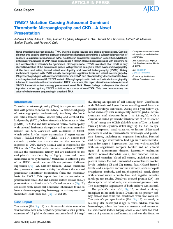 (PDF) TREX1 Mutation Causing Autosomal Dominant Thrombotic ...