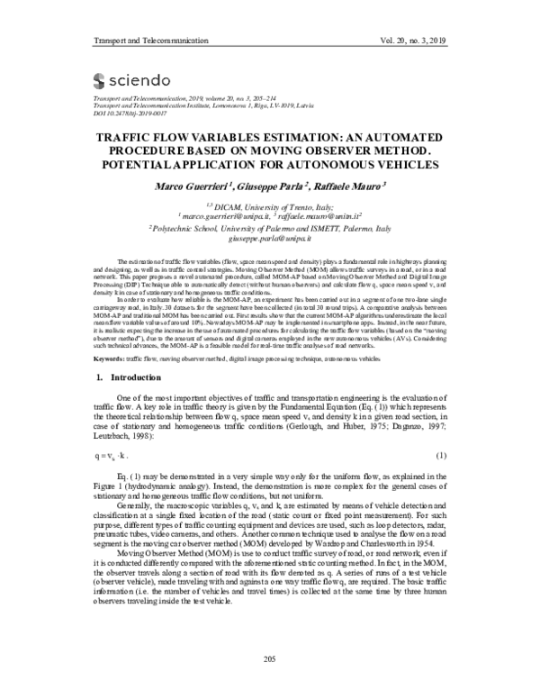 (PDF) Traffic Flow Variables Estimation: An Automated Procedure Based on Moving Observer Method ...