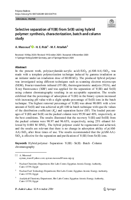 (PDF) Selective separation of Y(III) from Sr(II) using hybrid polymer ...