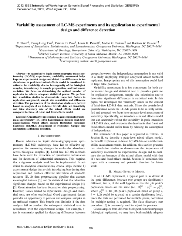 Pdf Variability Assessment Of Lc Ms Experiments And Its Application To Experimental Design And