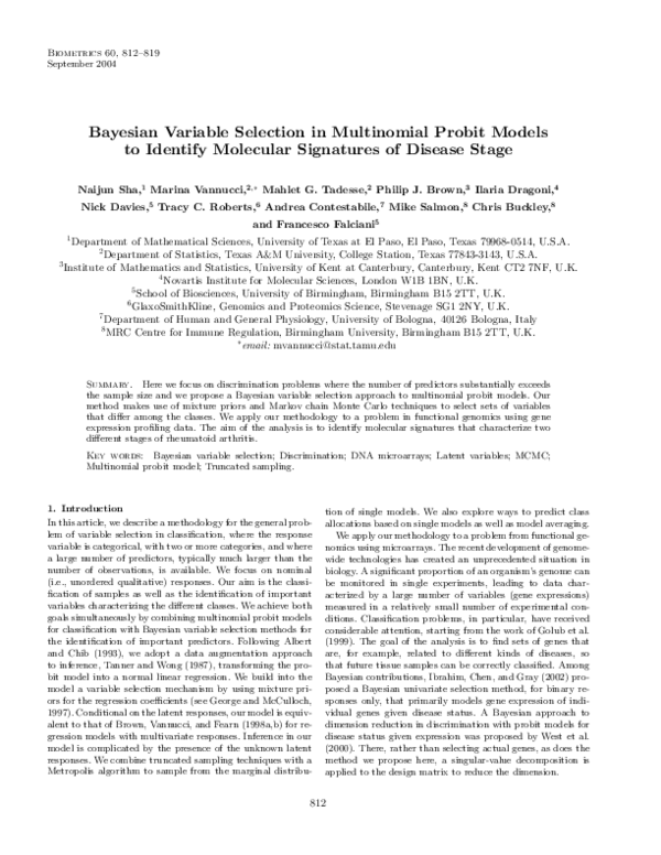 (PDF) Bayesian Variable Selection for Molecular Signatures in Disease