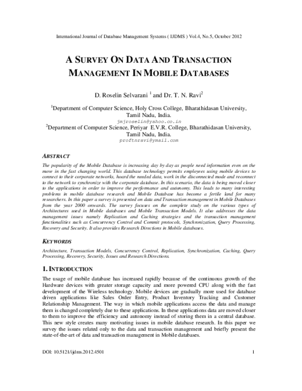 (PDF) A Survey on Data and Transaction Management in Mobile Databases | Roselin Selvarani ...