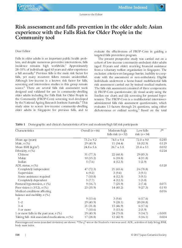 (PDF) Risk assessment and falls prevention in the older adult: Asian ...