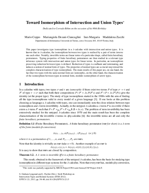 (PDF) Towards isomorphism of intersection and union types | Maddalena Zacchi - Academia.edu