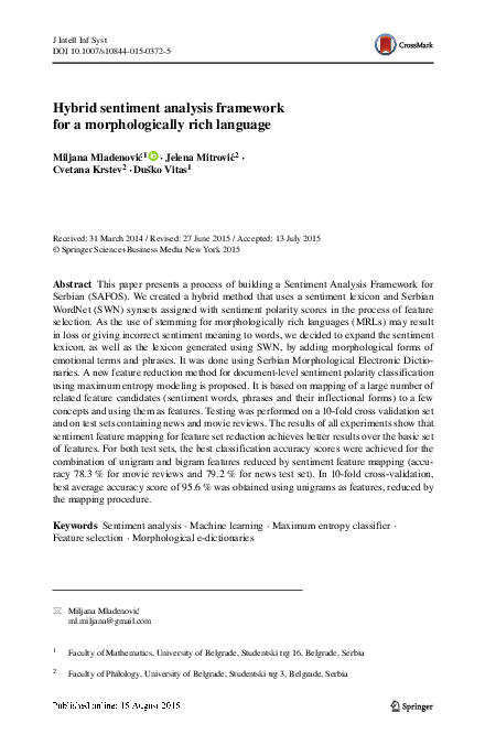 (PDF) Hybrid sentiment analysis framework for a morphologically rich language