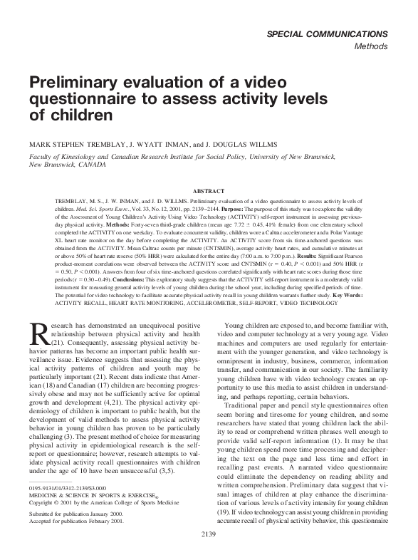 (PDF) Preliminary evaluation of a video questionnaire to assess activity levels of children ...