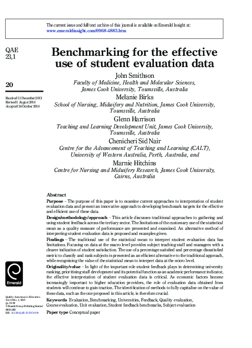(PDF) Innovative Benchmarking of Student Evaluation Data Usage