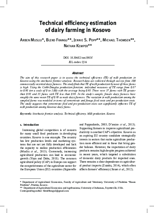 Pdf Technical Efficiency Estimation Of Dairy Farming In Kosovo