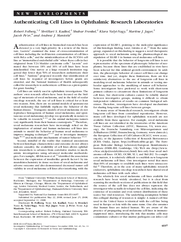 (PDF) Authenticating Cell Lines in Ophthalmic Research Laboratories