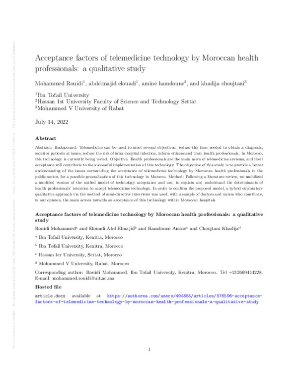 Acceptance factors of telemedicine technology by Moroccan health ...