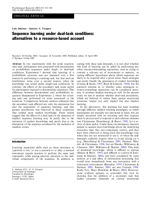 (PDF) Sequence learning under dual-task conditions: alternatives to a ...