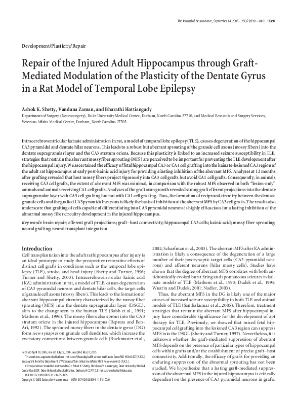 (PDF) Repair of the Injured Adult Hippocampus through Graft-Mediated Modulation of the ...