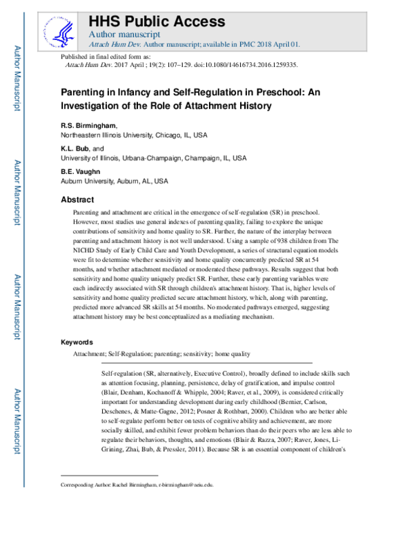 (PDF) Parenting in infancy and self-regulation in preschool: an ...
