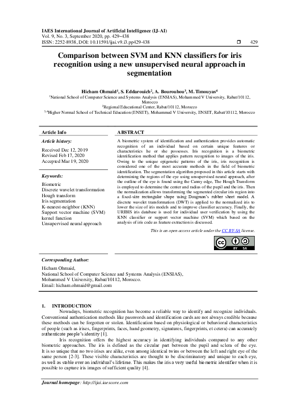 Pdf Svm Vs Knn For Iris Recognition Segmentation