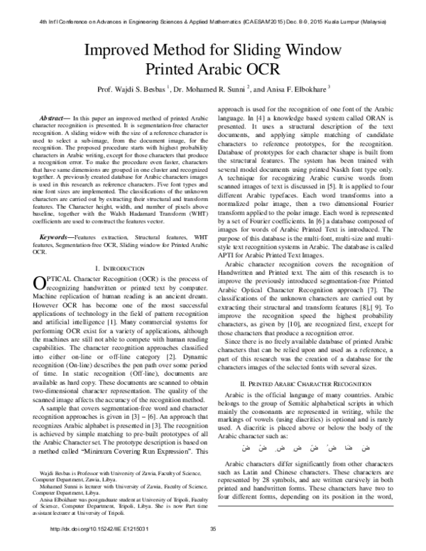 (PDF) Improved Method for Sliding Window Printed Arabic OCR | Wajdi ... (PDF) Improved Method for Sliding Window Printed Arabic OCR | Wajdi ...