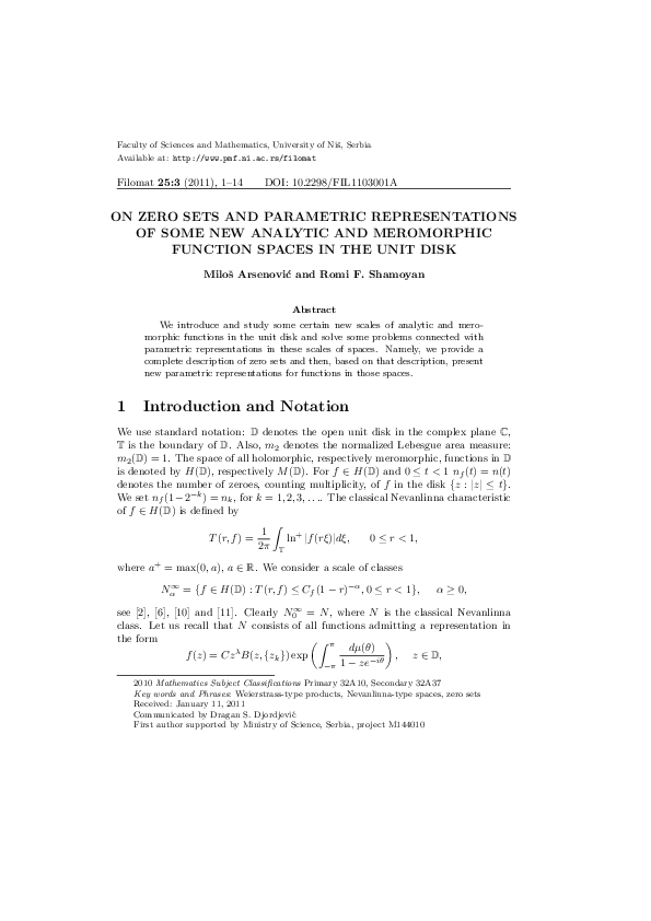 (PDF) On zero sets and parametric representations of some new analytic and meromorphic function ...