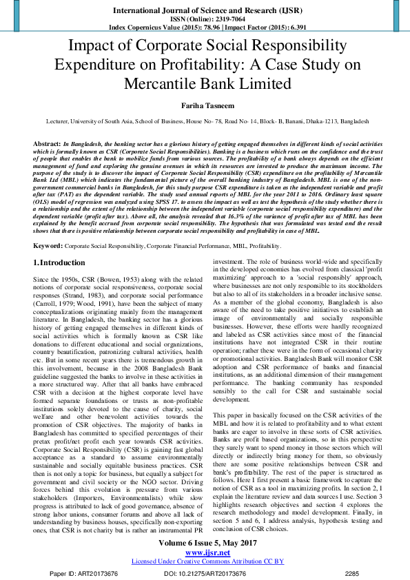 (PDF) Impact of Corporate Social Responsibility Expenditure on Profitability: A Case Study on ...