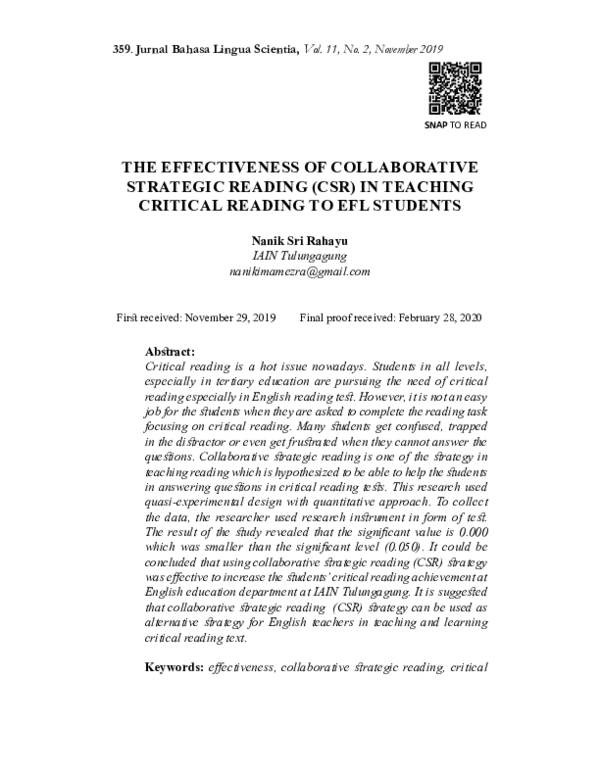 (PDF) The Effectiveness of Collaborative Strategic Reading (CSR) in ...