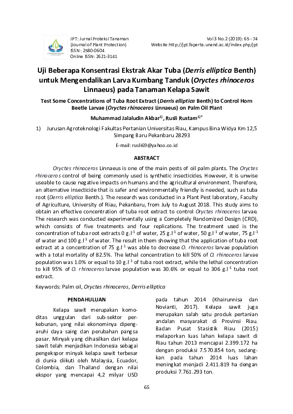 (PDF) Uji Beberapa Konsentrasi Ekstrak Akar Tuba (Derris elliptica ...