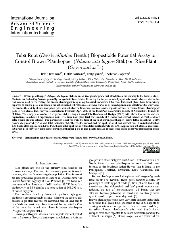 (PDF) Tuba Root (Derris elliptica Benth.) Biopesticide Potential Assay ...