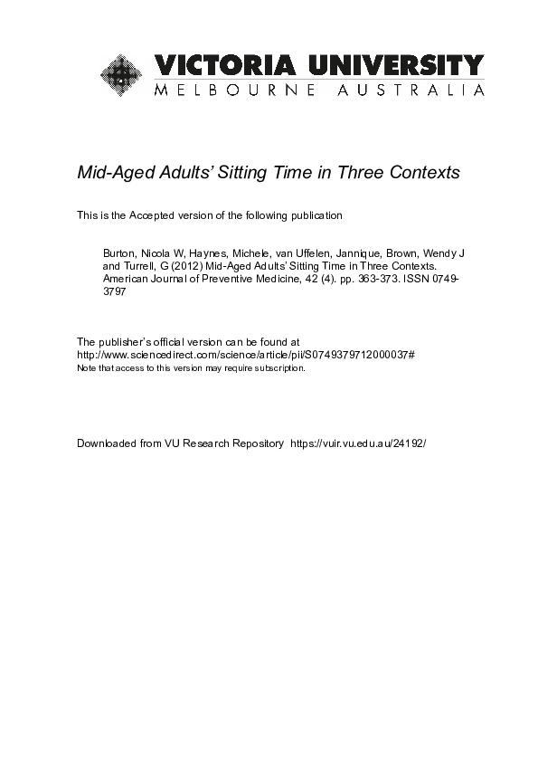 (PDF) Mid-Aged Adults' Sitting Time in Three Contexts