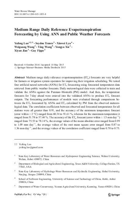 Pdf Medium Range Daily Reference Evapotranspiration Forecasting By Using Ann And Public