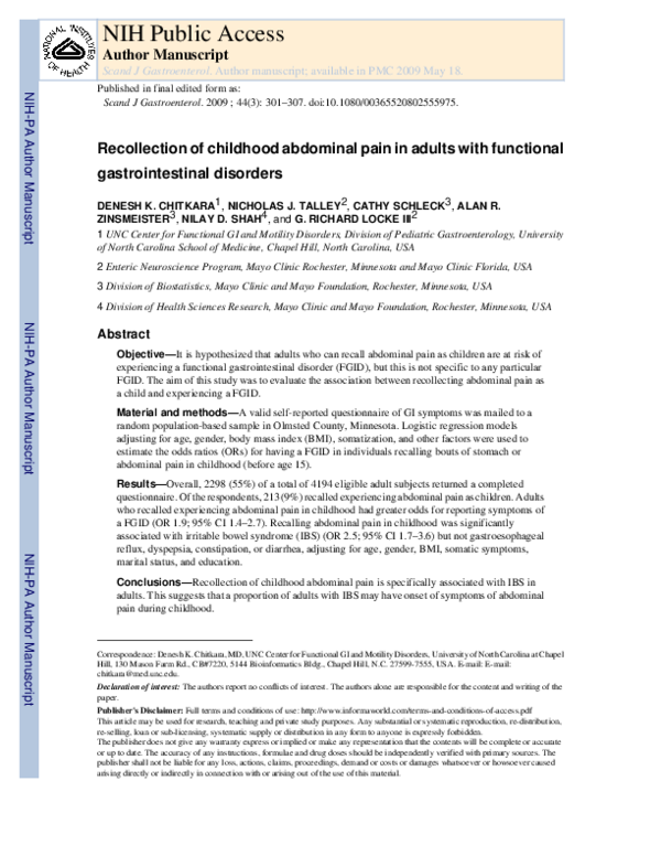 (PDF) Recollection of childhood abdominal pain in adults with ...