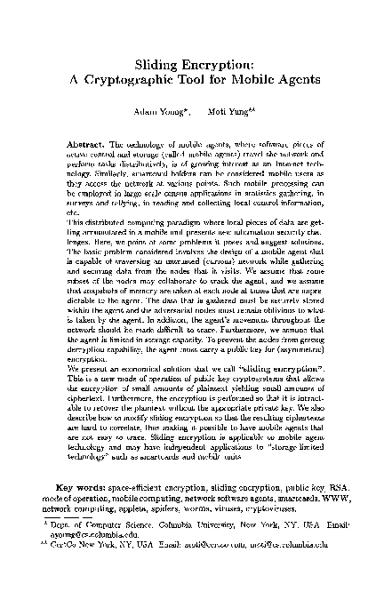 (PDF) Sliding encryption: A cryptographic tool for mobile agents | Adam ...