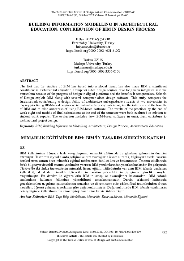 Pdf Building Information Modelling In Architectural Education Contribution Of Bim In Design
