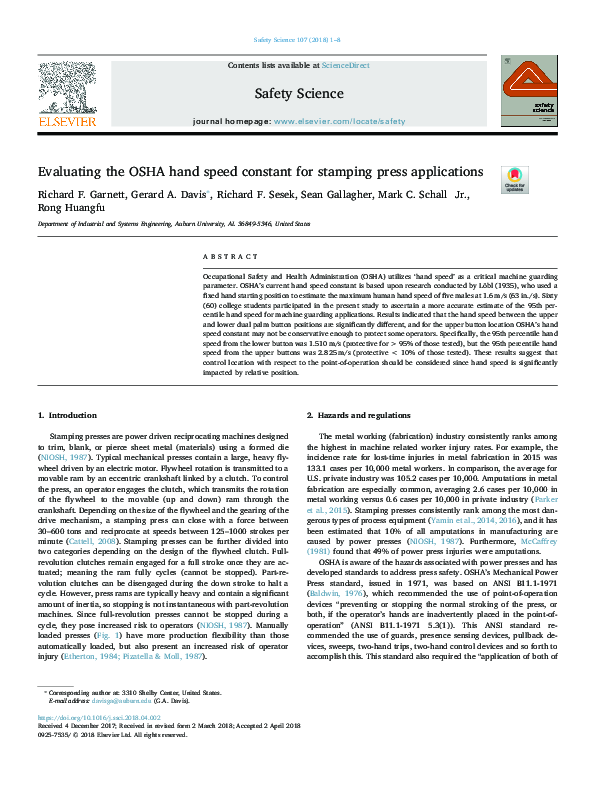 (PDF) Evaluating the OSHA hand speed constant for stamping press ...