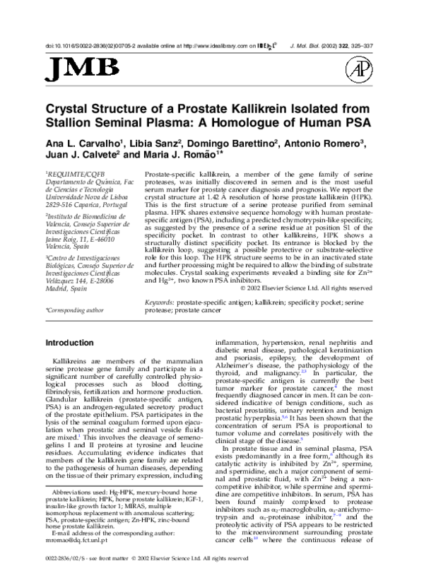 (PDF) Crystal Structure of a Prostate Kallikrein Isolated from Stallion ...