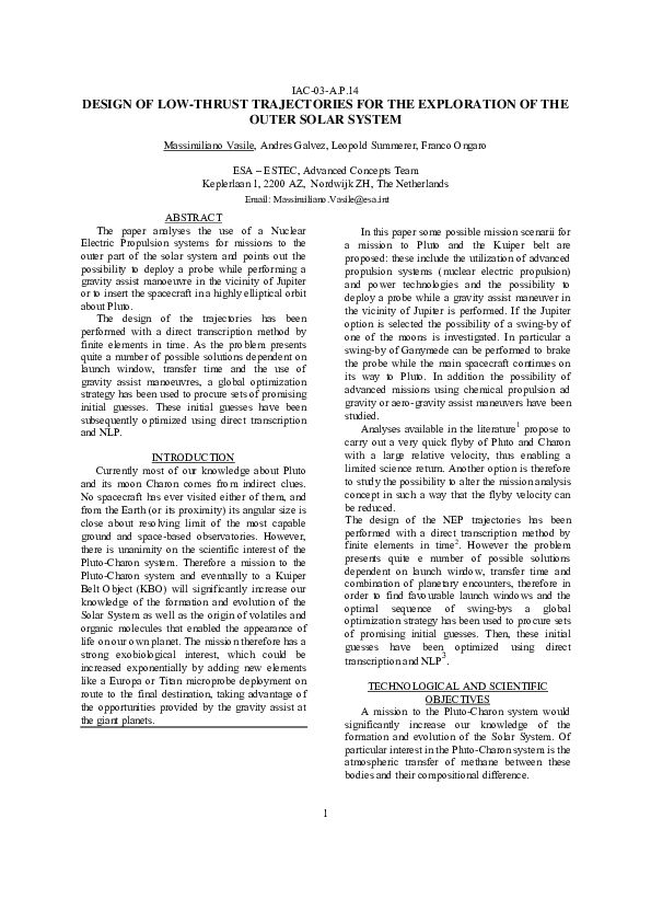 Pdf Design Of Low Thrust Trajectories For The Exploration Of The Outer Solar System