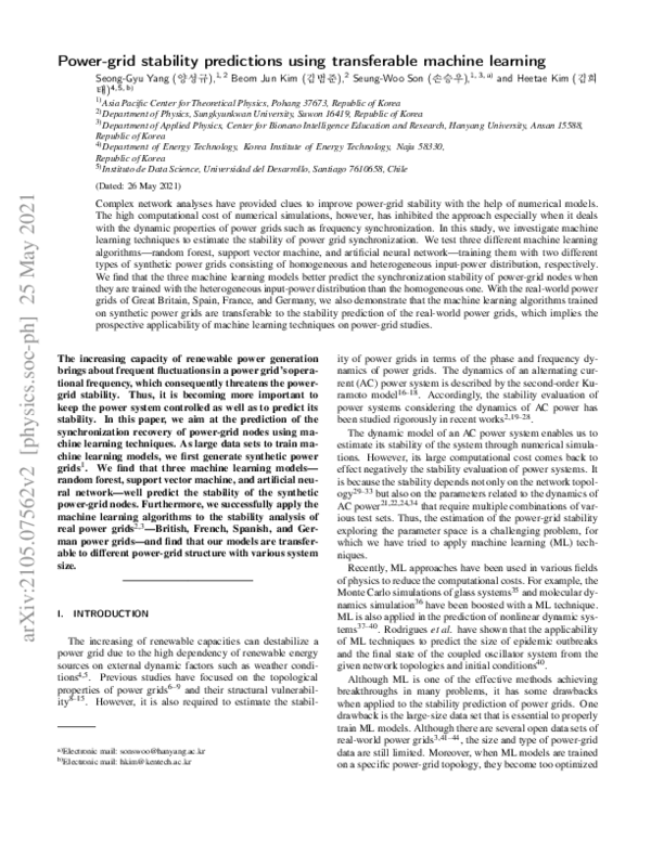 (PDF) Power-grid stability predictions using transferable machine learning