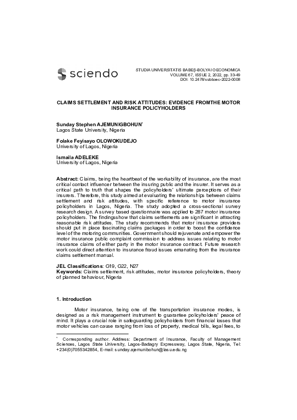 (PDF) Claims Settlement and Risk Attitudes: Evidence from the Motor ...
