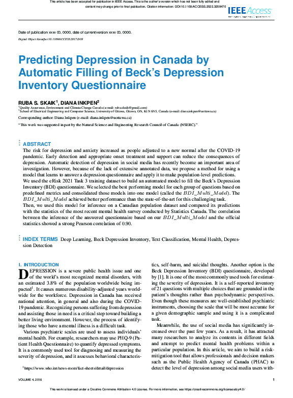 (PDF) Predicting Depression in Canada by Automatic Filling of Beck’s ...