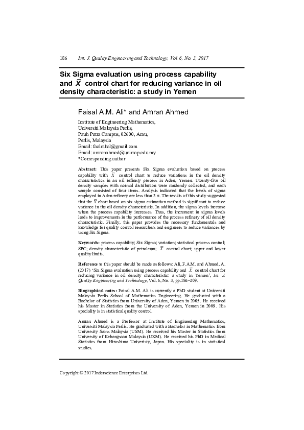 Pdf Six Sigma Evaluation Using Process Capability And X Control Chart For Reducing Variance In