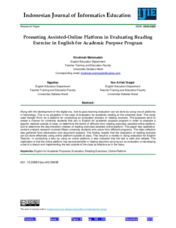 (PDF) Promoting Assisted-Online Platform in Evaluating Reading Exercise in English for Academic ...