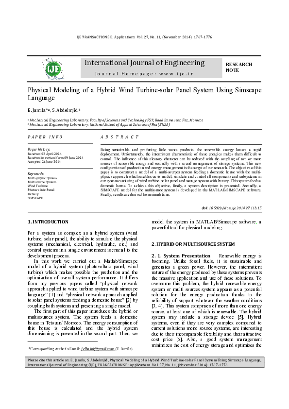 Pdf Physical Modeling Of A Hybrid Wind Turbine Solar Panel System Using Simscape Language