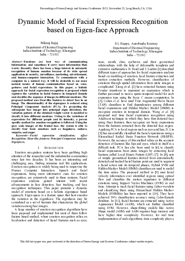Pdf Dynamic Model Of Facial Expression Recognition Based On Eigen Face Approach