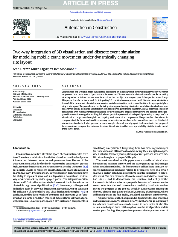 (PDF) Two-way integration of 3D visualization and discrete event simulation for modeling mobile ...