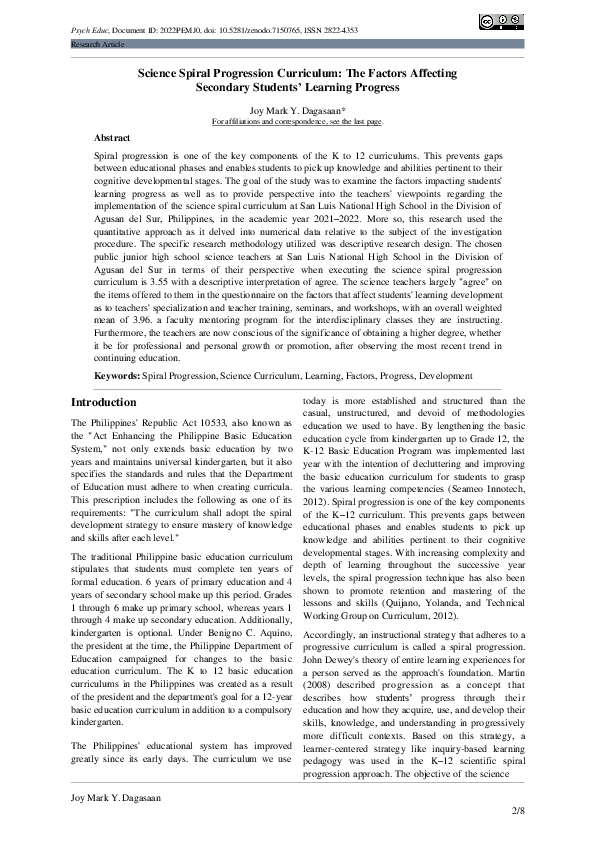 (PDF) Science Spiral Progression Curriculum: The Factors Affecting Secondary Students' Learning ...