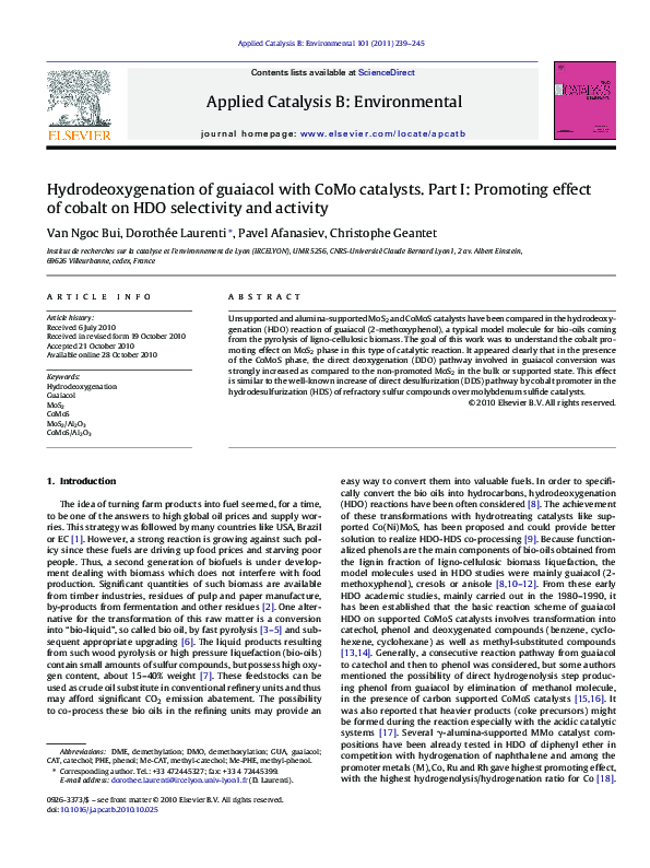 (PDF) Hydrodeoxygenation of guaiacol with CoMo catalysts. Part I ...