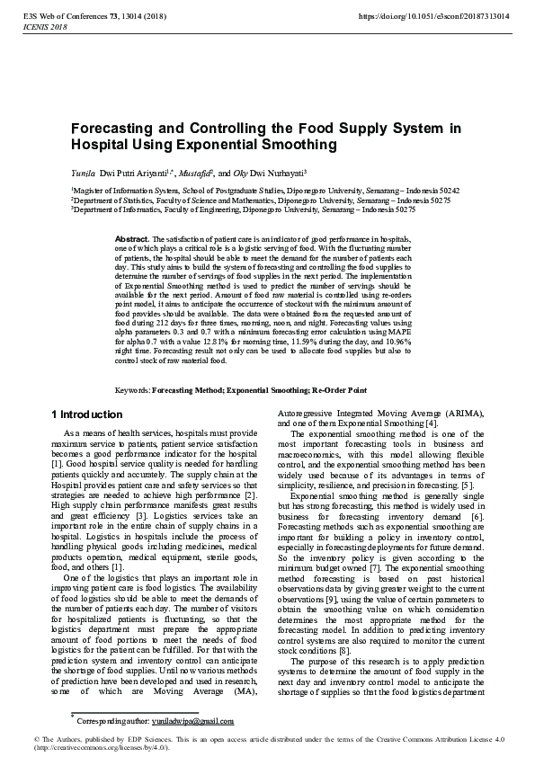 (PDF) Forecasting and Controlling the Food Supply System in Hospital Using Exponential Smoothing