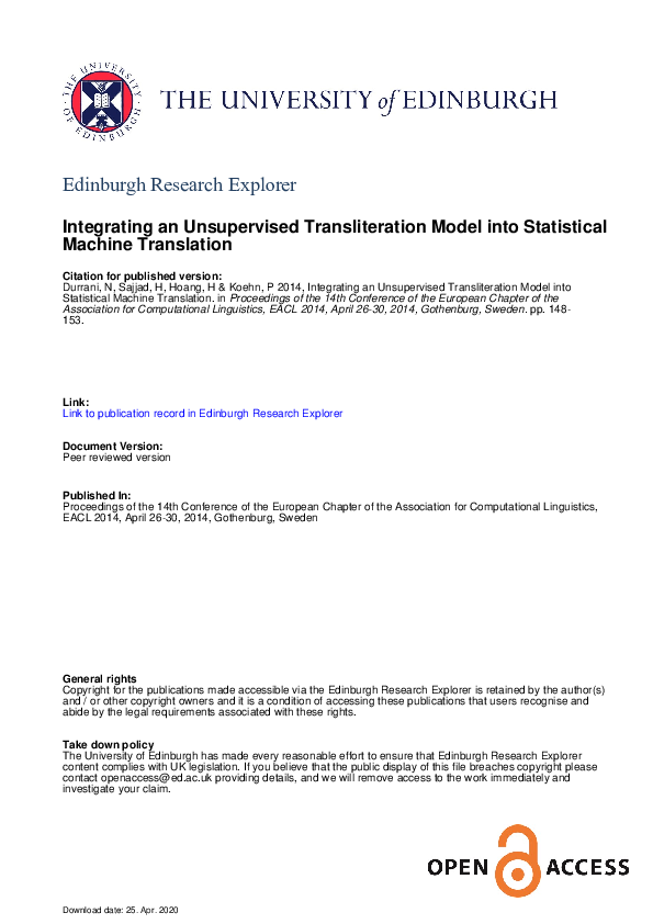Pdf Integrating An Unsupervised Transliteration Model Into Statistical Machine Translation