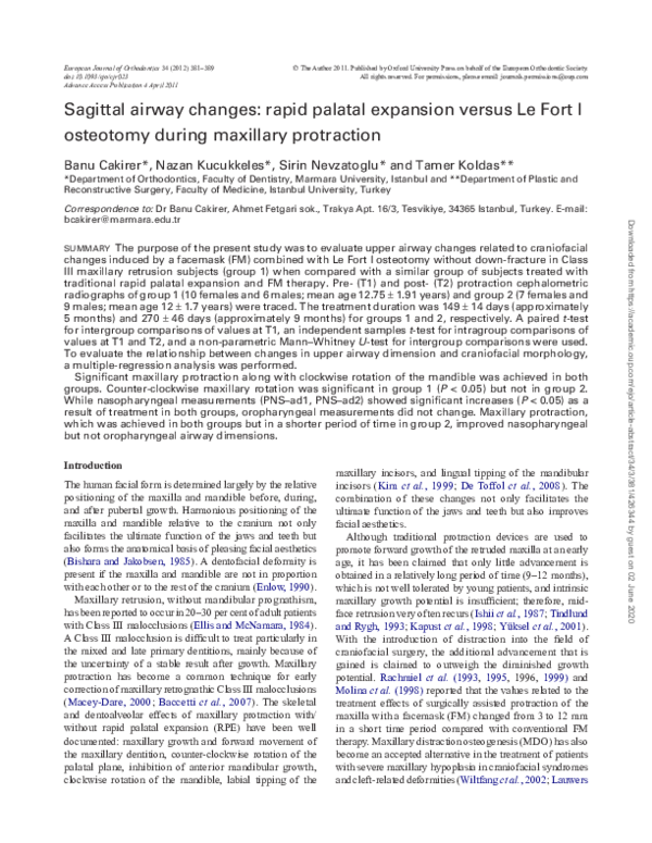 (PDF) Sagittal airway changes: rapid palatal expansion versus Le Fort I osteotomy during ...