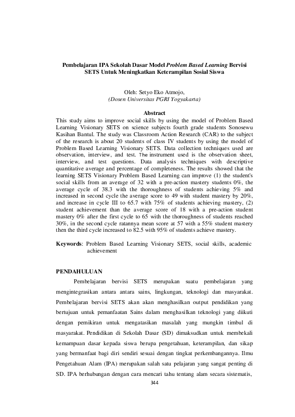 (PDF) Pembelajaran IPA Sekolah Dasar Model Problem Based Learning Bervisi SETS Untuk ...