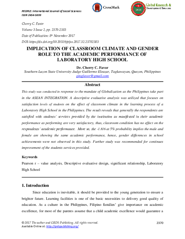 (PDF) Implication of Classroom Climate and Gender Role to the Academic ...