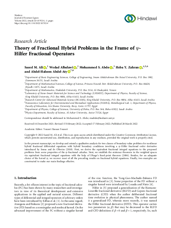 Pdf Theory Of Fractional Hybrid Problems In The Frame Of ψ Hilfer Fractional Operators
