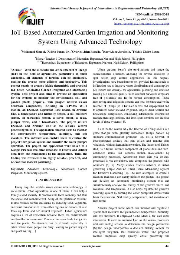 (PDF) IoT-Based Automated Garden Irrigation and Monitoring System Using ... (PDF) IoT-Based Automated Garden Irrigation and Monitoring System Using ...