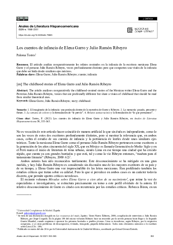 (PDF) Los cuentos de infancia de Elena Garro y Julio Ramón Ribeyro
